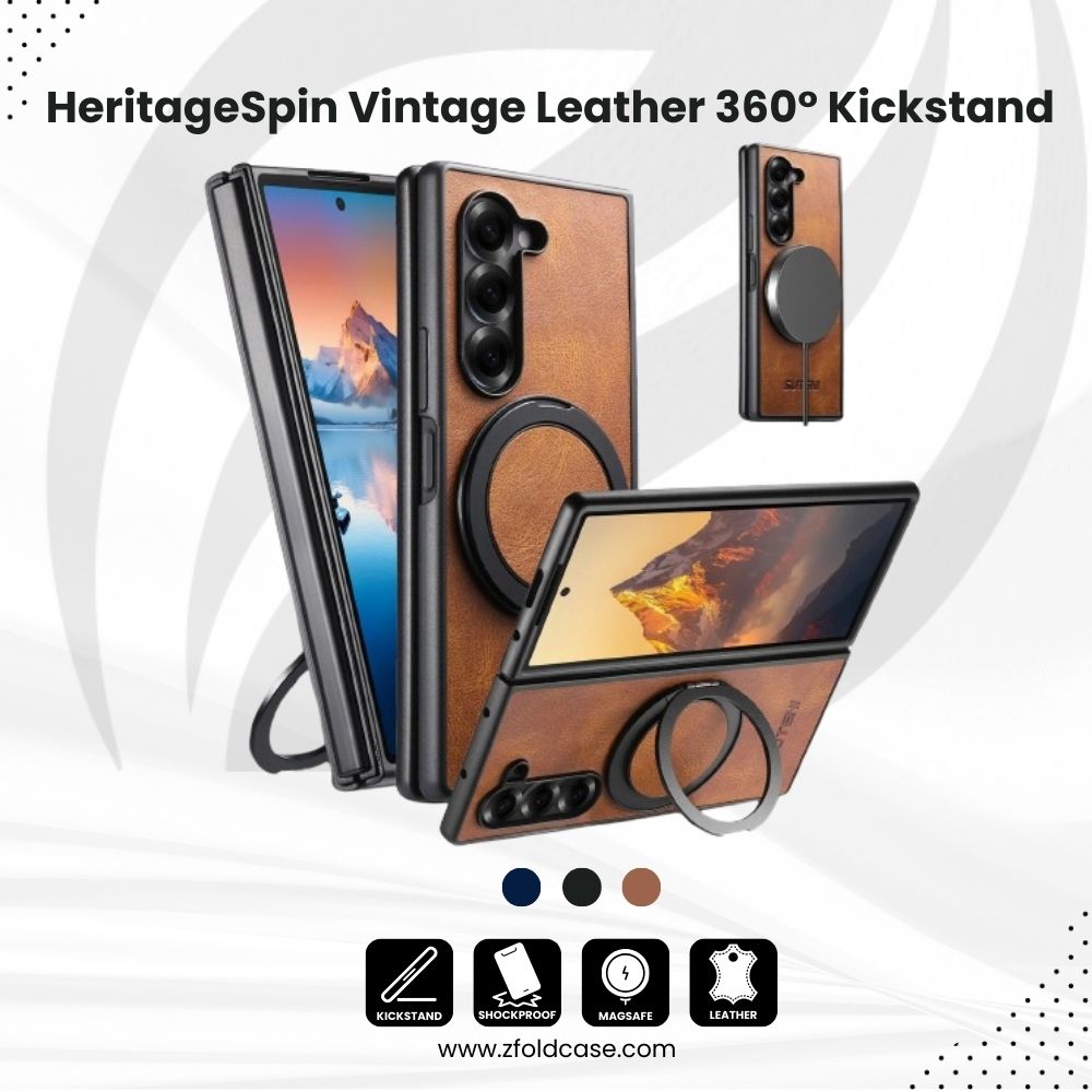 HeritageSpin – Z Fold 7, 6, 5 Vintage Leather 360° Kickstand Case ...
